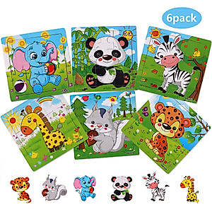 NASHRIO Wooden Puzzles for Toddlers 2-5 Years Old(Set of 6), 9 Pieces Preschool Educational and Learning Animal Jigsaw Puzzle Toy Gift Set for Boys and Girls