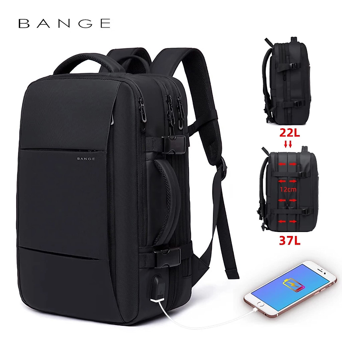 BANGE Laptop Backpack Expandable 21L-37L Waterproof USB Port 1.1 KG 15.6" Laptop Polyester Upgrade Travel Bag