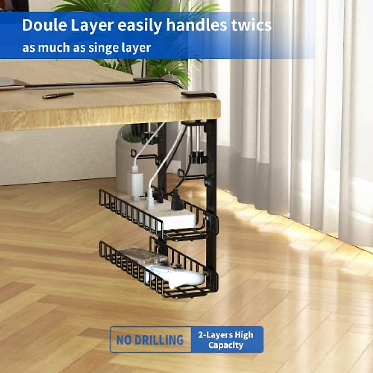 Under Desk Cable Management Tray, High Capacity Cord Organizer Rack for Desk, 2 Tier Desk Wire Management with Clamp Mount System, No Drill Cable Basket fits 0.4" to 2.4" Thickness Flat Side Desk