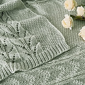 WRENSONGE Green Cable Knit Throw Blanket, 50x60 Leaf Pattern Hollow-out Design Knitted Throw Blanket for Couch, Bed, Sofa, Chair Cozy Warm Lightweight Outdoor Bedroom Decorative Blankets for Men Women