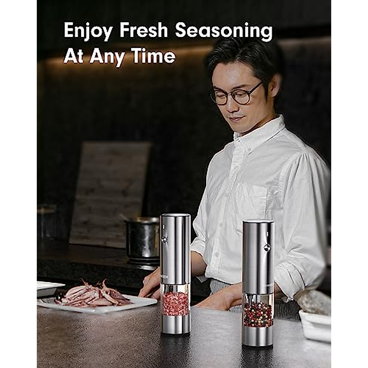 [Upgraded Larger Capacity] Electric Salt and Pepper Grinder Set Rechargeable with LED lights - Stainless Steel Automatic Pepper Grinder and Salt Grinder Refillable with 6 Adjustable Coarseness