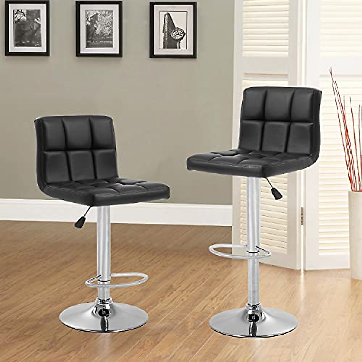 OffiClever Modern Bar Stool Set of 2 Counter Height Barstools Heigh Adjustable Swivel Bar Stool PU Leather Bar Chairs Home Kitchen Stools Hydraulic Dining Room Chairs, Black