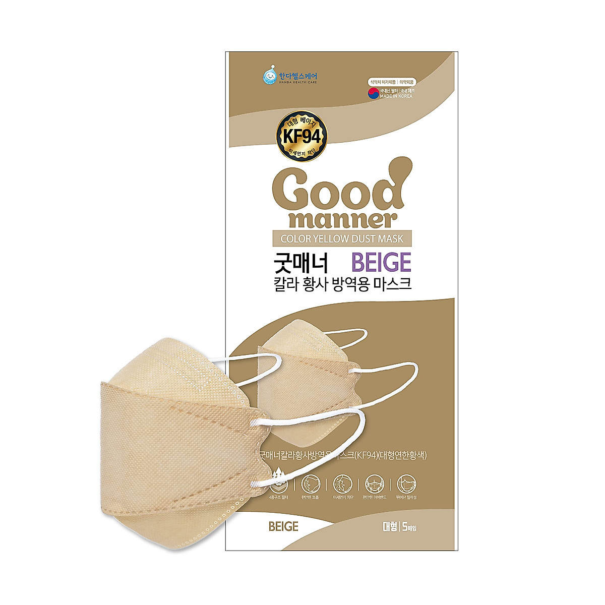 Good Manner Premium Protective Mask 5EA, Large, White/Black/Grey/Pink/Beige, Made in Korea (Beige)