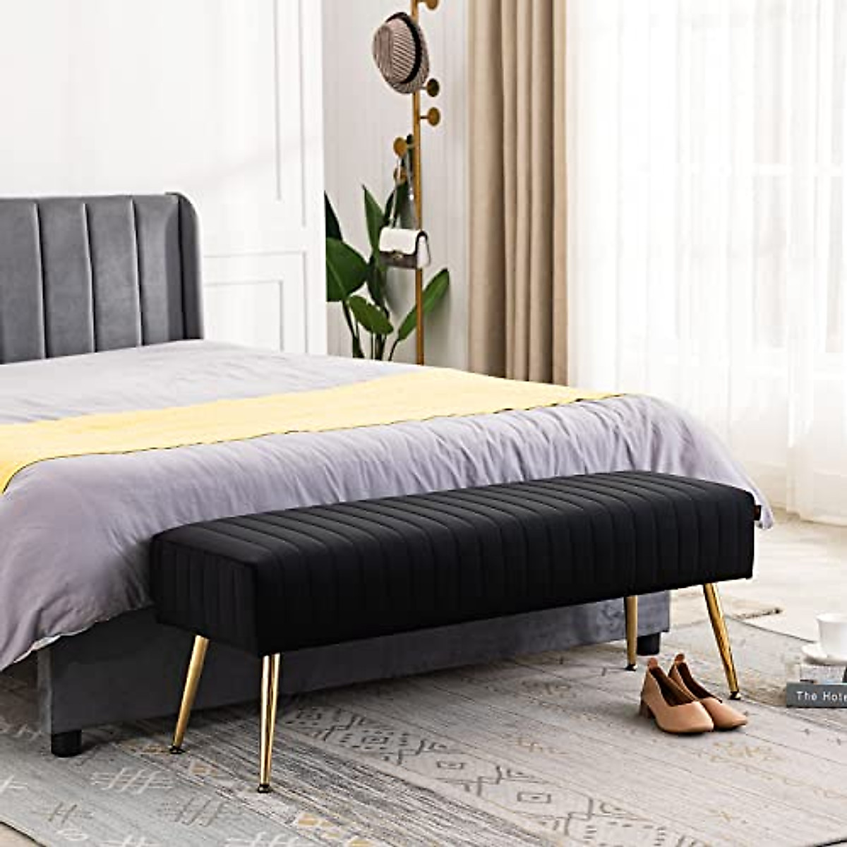 Furnimart 44 Inch Velvet Bench Ottoman Comfortable Footrest Stool Table Bench Dining Bench Tufting Bench Indoor Bench with Gold Legs for Living Room Bedroom Entryway (Velvet-Black)