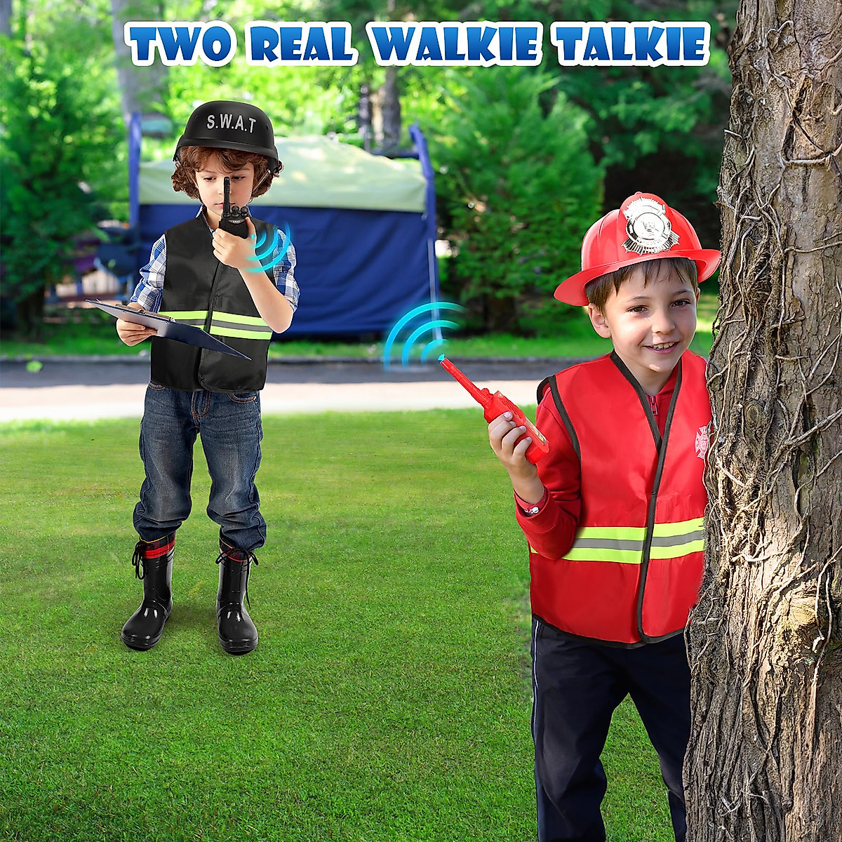 Cocojeci Boys Dress up Trunk Costumes Set,15pcs Pretend Role Play Set Fireman, Police, Construction Worker Costume with Accessories for Kids Ages 3-7