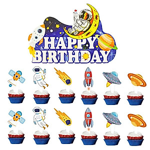 Outer space theme birthday party decoration happy birthday banner latex balloon cake flag decoration for birthday parties, boy parties, astronaut party supplies
