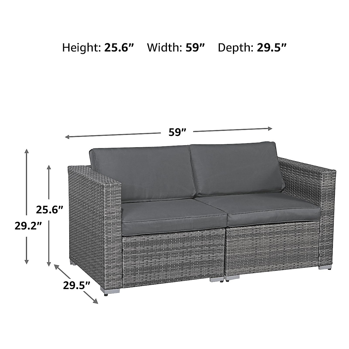 Patiorama Outdoor Wicker Loveseat 2 Pieces, All Weather Grey PE Rattan Sectional Corner Sofa Set, Additional Extra Chairs for Outdoor Sectional Sofa Set, Dark Grey Cushion