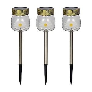 3-Pack Glass Daisy Flower in a Jar Stake Lights - Solar LED Waterproof Outdoor Garden Decor - Decorative Electronic Light Fixture Jars for Yard, Lawn, Patio, Deck, Pathway, Pond, Backyard
