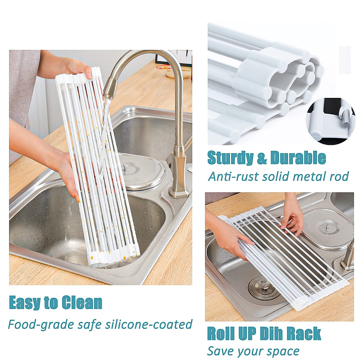 ZOIMINU White Roll Up Dish Rack, Over Sink Dish Drying Rack, Heat-Resistant Anti-Slip Stainless Steel Dish Drainer with Silicone-Coated for Cups Fruits Vegetables - 20.5" x 13.1"