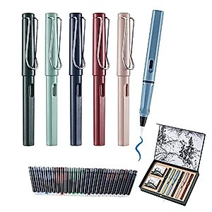 Maikedepot Calligraphy Brush Pens, 6pcs Calligraphy Pen Set Fountain Hand Lettering Pens Fibre Tip with Ink Refill Converter and 48 Ink Cartridges for Beginner and Professional Artists