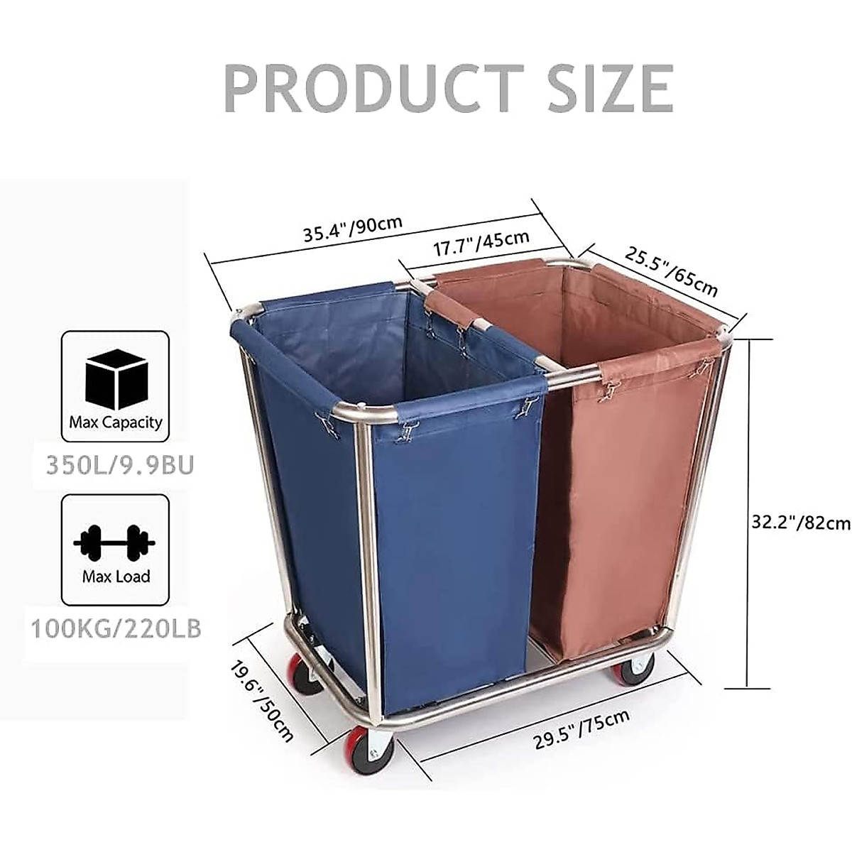 MYOYAY Laundry Cart with Wheels 350L Large Laundry Sorter 2 Section Laundry Basket with Steel Frame and Removable Bag Laundry Hamper Rolling Cart for Commercial/Home/Hotel, 35.4" x 25.5" x 32.2 "