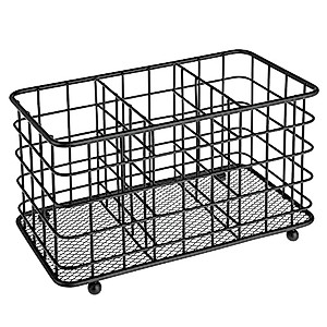 mDesign Farmhouse Modern Metal Wire Cutlery and Utensil Storage Organizer Bin for Kitchen, Pantry, Table and Countertop - Utensil Caddy Holds Forks, Knives, Spoons, Napkins - 3 Sections - Black