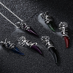 INBLUE Dragon Wolf Tooth Pendant for Men Women Stainless Steel Cool Necklaces Simulate Crystal Gemstone Gifts Jewelry with 23 Inches Chain (Dragon, Blue)