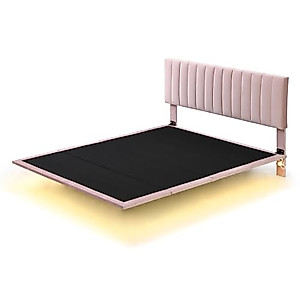 anwickjeff Modern Queen Size Velvet Upholstered Bed Frame with Smart Led Light and Headboard, Floating Bed Frame Queen Size for Kids, Smart Bed, Bedroom Sets (Pink)