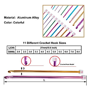 Long Tunisian Afghan Crochet Hooks Set 11 Packs 10.6" Colorful Aluminum Knitting Needles(2mm to 8mm) by Wadoy