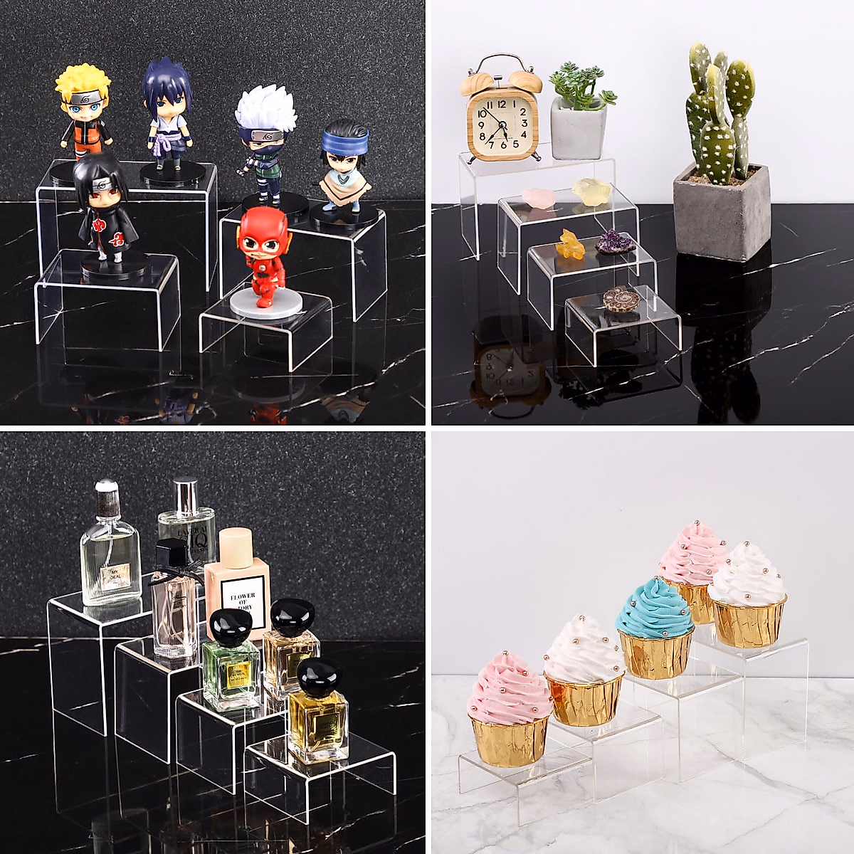 8 Pcs Acrylic Risers for Display, Square Clear Product Stand Shelf, Cupcake Candy Bar Stand for Dessert Table Decor, Desktop Showcase Collectibles Display Risers for Amiibo Funko POP Figures