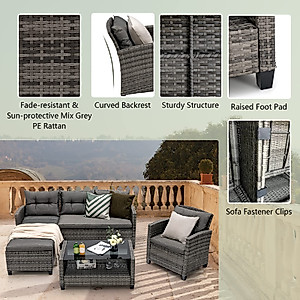 HAPPYGRILL 4 Pieces Patio Furniture Set Outdoor PE Wicker Sectional Sofa Set with Corner Sofa and Cushions, 2-Tier Coffee Table with Extra Storage Shelf, Patio Conversation Set for Poolside Backyard