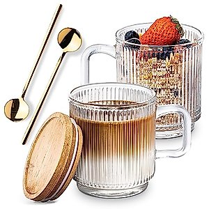 Combler Glass Coffee Mugs, Espresso Cups for Coffee Bar Accessories, Clear Coffee Mug Set of 2, 11oz Glass Coffee Cups with Lids and Spoon, Cute Ribbed Glassware Set for Latte, Cappuccino, Tea, Gift