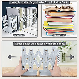 Adjustable Bookends, Metal Bookends for Heavy Books, Shelves, 2 Dividers, Expandable Book Organizer with Pen Holder for Desk, Office (19 inches Max) for 6 7 8 9-15 Boys, Girls, White