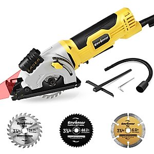 ENVENTOR Mini Circular Saw, 4.8A Electric Circular Saw Corded with Laser Guide, 4000RPM, 3 Saw Blades 3-3/8" Max Cutting Depth 1-1/16", Compact Hand Saw for Wood, Soft Metal, Tile, Plastic Cuts