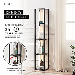 FENLO Fancy - 64" Display Shelf with Lights, LED Shelf Floor Lamps for Living Room, Sturdy Corner Shelf Curio Cabinet Display, Tall Floor Lamps with Shelves, 3 Level Brightness LED, Black