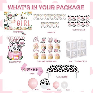 Cow Baby Shower Decorations for Girl, Fiesec Pink Farm Cow Themed Baby Shower Decorations Backdrop Balloon Garland Welcome Baby Banner Tablecloth Cake Topper Box Cutout Mom To Be Sash