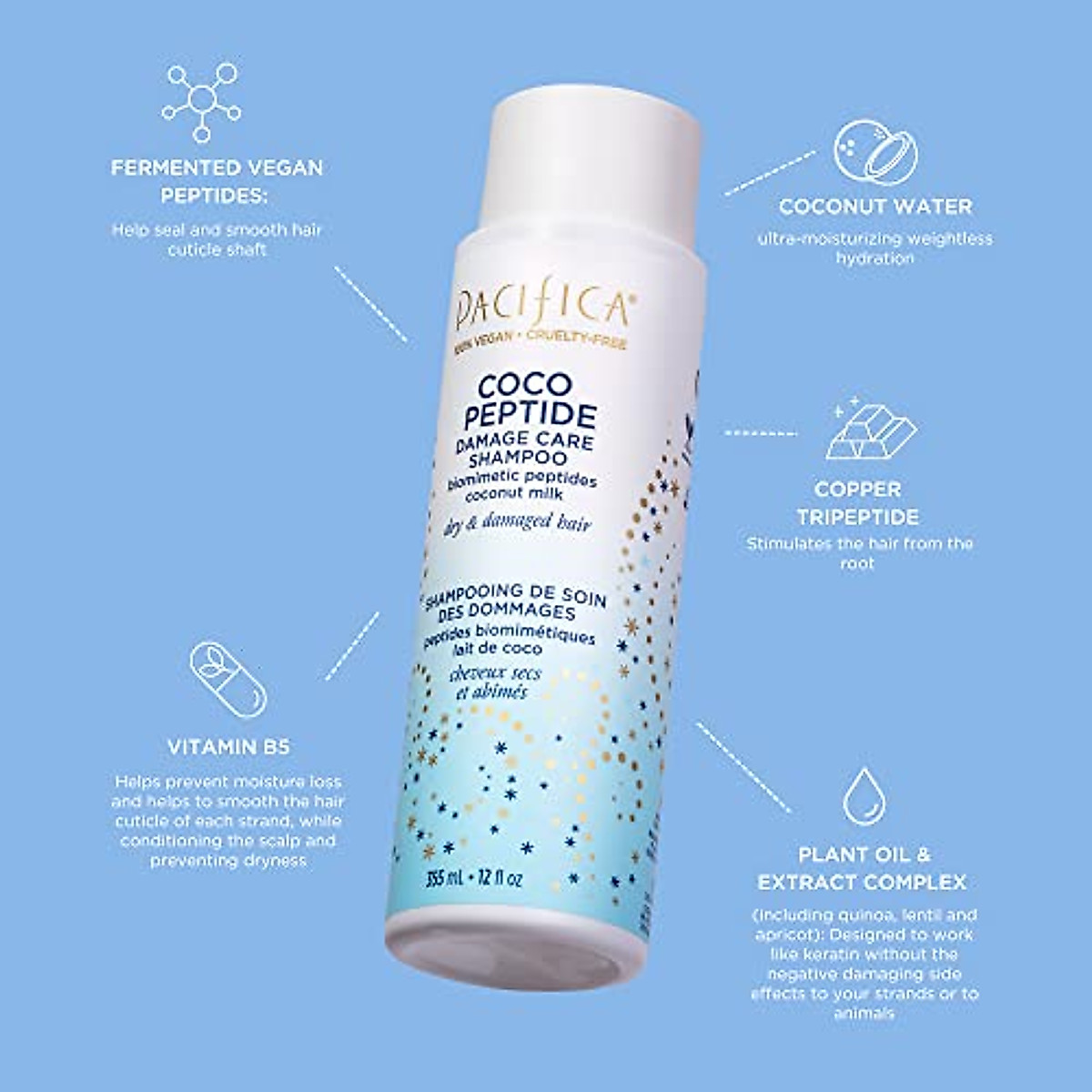 Pacifica Coco Peptide Damage Care Shampoo & Conditioner Set – Repairing Hair Care for Dry Damaged Hair Vegan Collagen & Peptides for Split Ends & Breakage Sulfate Free Clean Vegan Dermatologist Tested