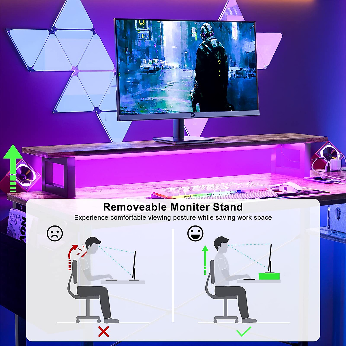 Homieasy L Shaped Computer Desk with LED Strip & Power Strip, 47 Inch Corner Desk with Monitor Stand Reversible Storage Shelves, Modern Simple Home Office Gaming Desk with Storage Bag(Rustic Brown)