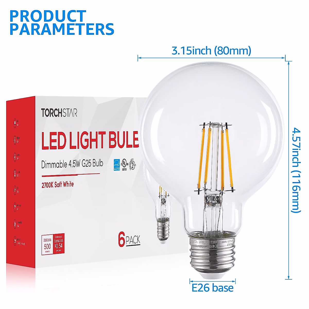 TORCHSTAR G25 Globe Light Bulbs LED Dimmable, Round Clear Vanity Light Bulb for Bathroom, LED Edison Bulb, 4.5W(60W Eqv.), UL & Energy Star Listed, 500lm, E26 Base, 2700K Soft White, Pack of 6