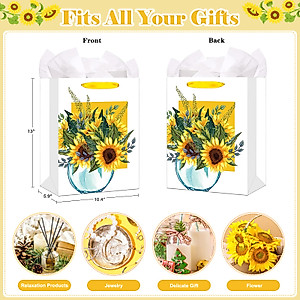 FaCraft Sunflower Gift Bag 13" Watercolor Flower and Vase Gift Bag Large Gift Bag with Tissue Paper for Birthdays, Mothers Day,Anniversary,Baby Shower,Bridal Shower Sunflower Party Supplies