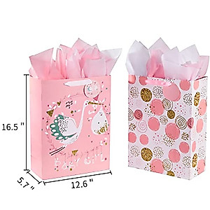SUNCOLOR 16.5" Extra Large Gift Bags for Baby Shower with Tissue Paper(2 Pack, Baby Girl)