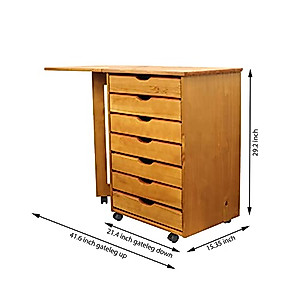Adeptus Original Drop Leaf Roll Cart with Desk, Sold Wood, 7 Drawer Extra Wide Drawers Roll Carts, Medium Pine