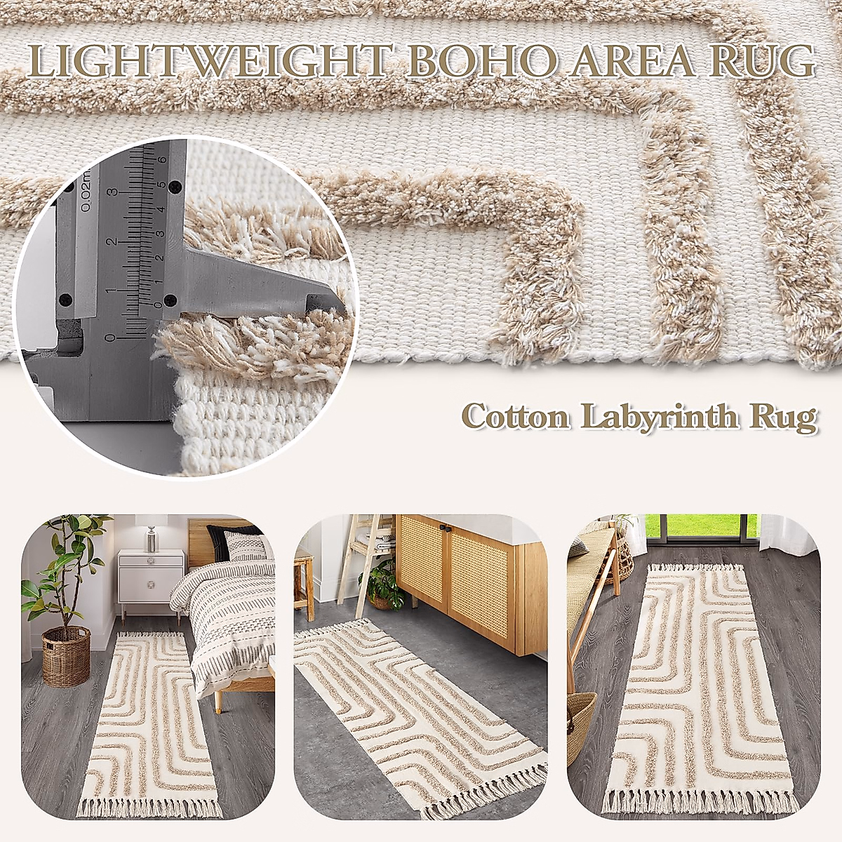 Lahome Labyrinth Runner Rug, 2x6 Boho Bathroom Runner Rug Tufted Runners for Hallway 6ft with Tassels, Cotton Washable Rug Maze Runner Rug for Entryway Indoor Laundry (Beige/Tan)