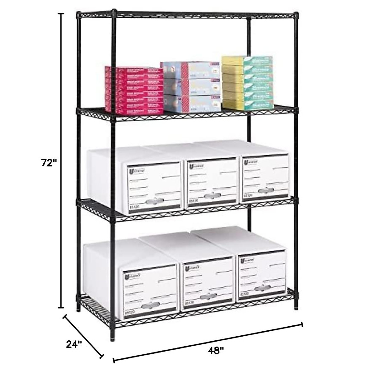 Safco Products 5294BL Industrial Wire Shelving Starter Unit 48" W x 24" D x 72" H (Add-On Unit and Extra Shelf Pack Sold Separately), Black