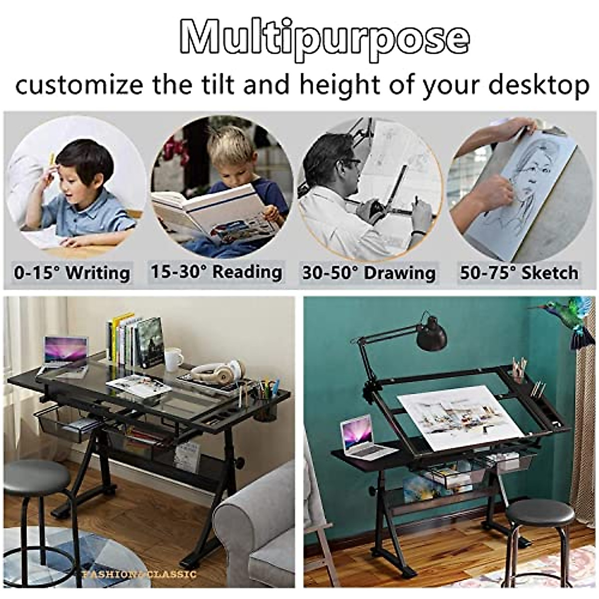 Gynsseh Glass Drafting Table Drawing Desk with Stool, Height Adjustable Art Desk for Adults/Artists, Tiltable Tabletop Professional Art Table Paintings Desk for Home Office School (Black)
