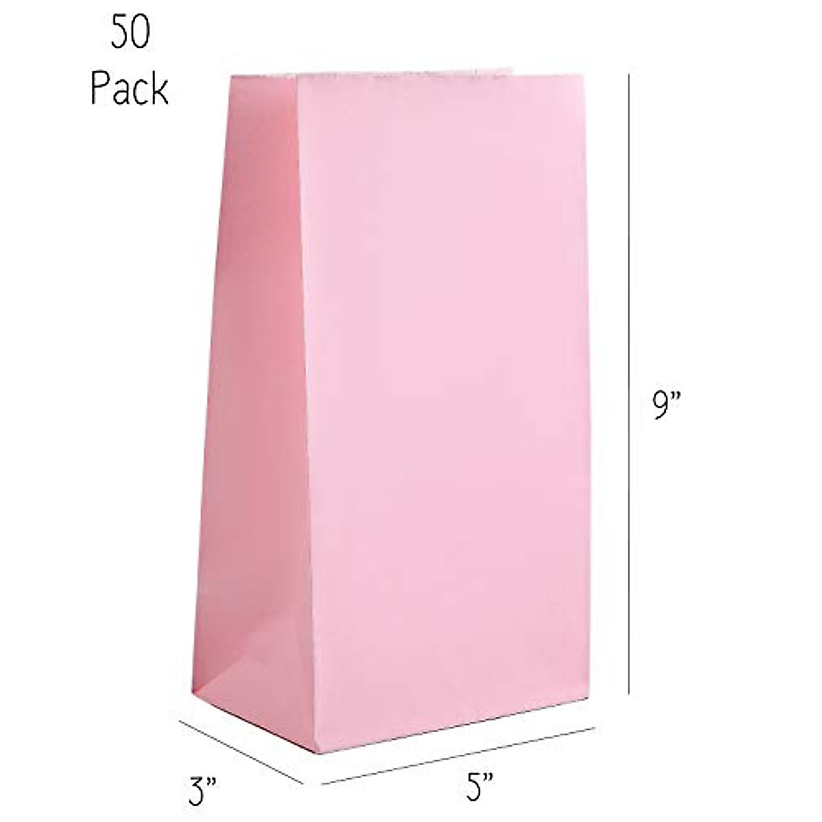 Party Favor Bag - 50 Pack Baby Pink Paper Food Grade Kraft Lunch Gift Bags for Princess 1st Birthday, Easter or Baby Shower - 5"x3"x9"