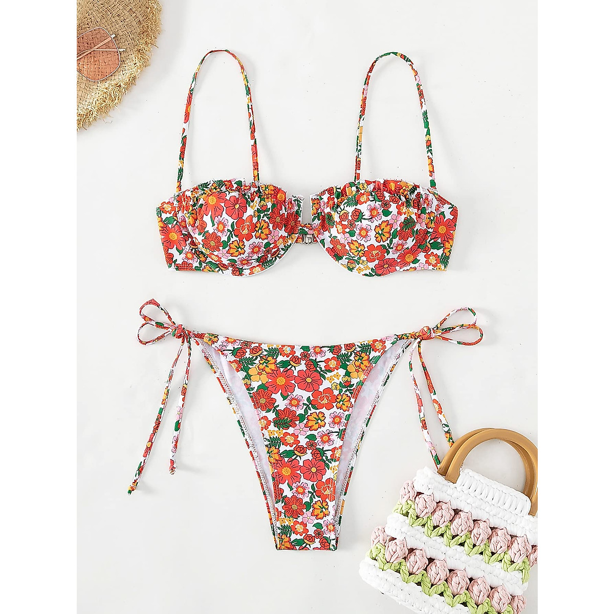 WDIRARA Women's Floral Print Underwired Tie Side 2 Piece Bikini Set Cute Swimsuit Red & Green Multi L
