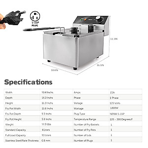 TOPKITCH Electric Deep Fryer Countertop Deep Fryer with Basket and Lid Capacity 10L(10.5QT) Stainless Steel Single Tank Fryer for Home Use Easy to Clean Oil Fryers 1800 Watts, 120V