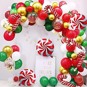 GuassLee Christmas Balloons Garland Arch Kit - Red Green Gold Confetti Balloons with Candy Mylar Balloon for Christmas Holiday Candy Theme Baby Shower Birthday Xmas Party Decorations, 101 Pack