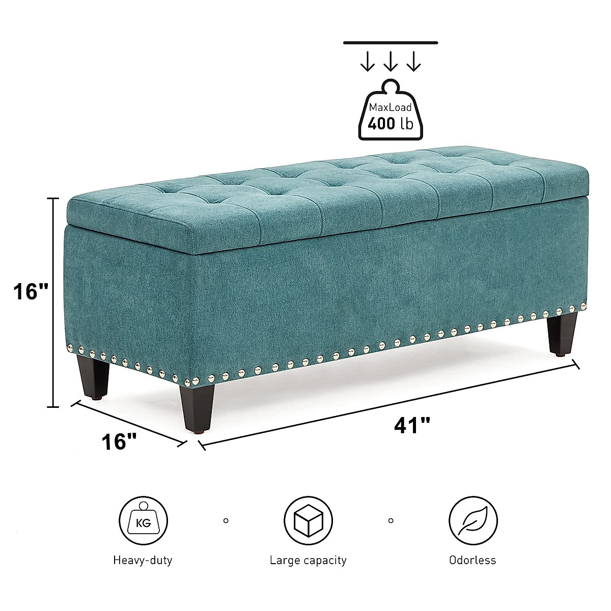 HUIMO Ottoman with Storage, 41-inch Upholstered Fabric Storage Ottoman with Safety Hinge, Storage Bench with Button-Tufted, Ottoman Bench for Bedroom, Entryway, Living Room, End of Bed Bench (Teal)