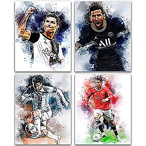 Cristiano Ronaldo and Lionel Messi Wall Art Posters, Watercolor Soccer Superstar Canvas Posters, Inspirational Football Sports Art Prints for Office Living Room Home Decor, Set of 4 (8"x10" Unframed)