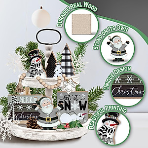 Uruney Merry Christmas Tiered Tray Decor, Grey Xmas Tree Santa Tray Decorations, Gray Snowman Snowflake Let It Snow Wooden Signs, Holiday Rustic Farmhouse Home Decor for Table Shelf Mantel Party