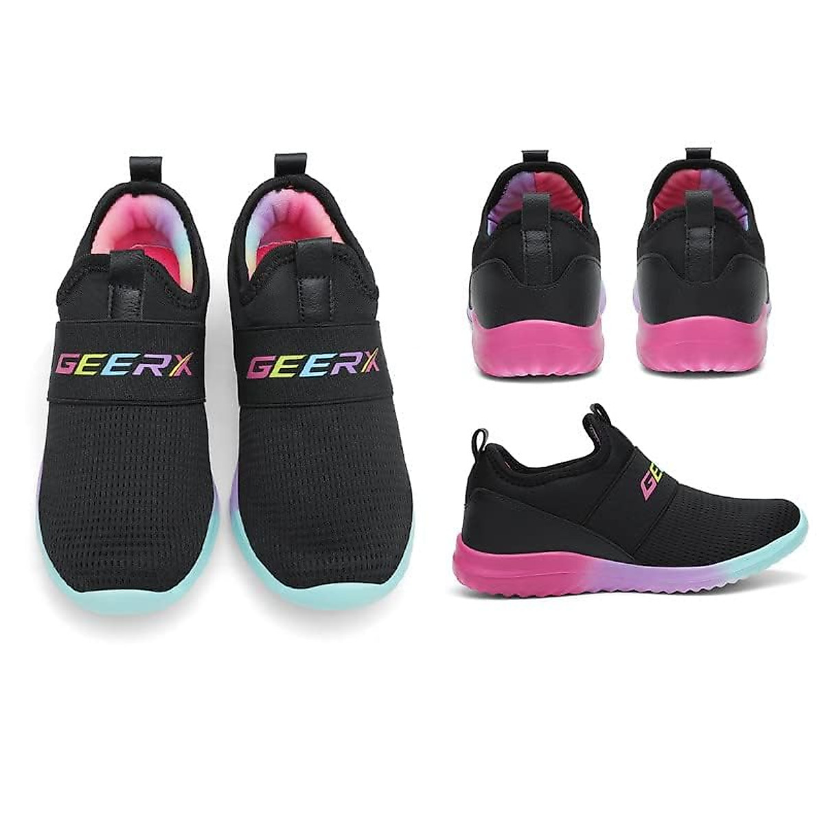 GEERX CARA Girls Slip On Athletic Sneaker Lightweight Sport Walking Running Tennis Shoe (Toddler/Little Kid/Big Kid) Black Rainbow Size 2