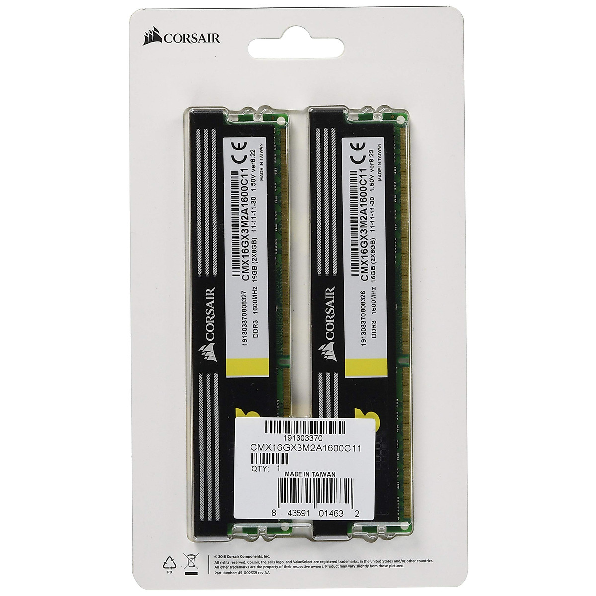 Corsair 16GB XMS3 (2x 8GB) DDR3 SDRAM 1600MHz 240-Pin 16 Dual Channel Kit DDR3 1600 (PC3 12800) CMX16GX3M2A1600C11