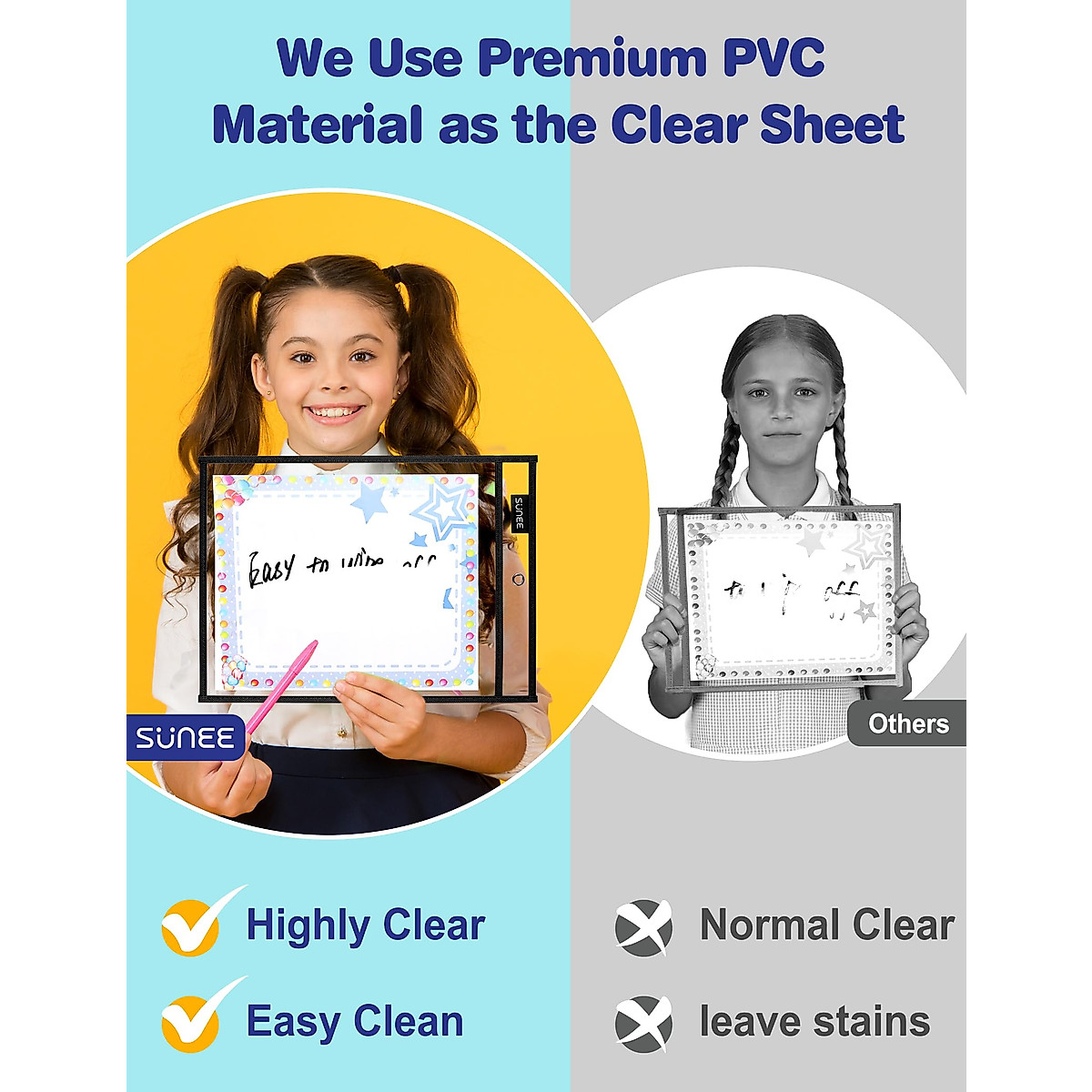 SUNEE 30 Packs Oversized Reusable Dry Erase Pocket Sleeves with 2 Rings, Black 10x14 Ticket Holders, Clear Plastic Sheet Protectors, Teacher School Classroom Supplies