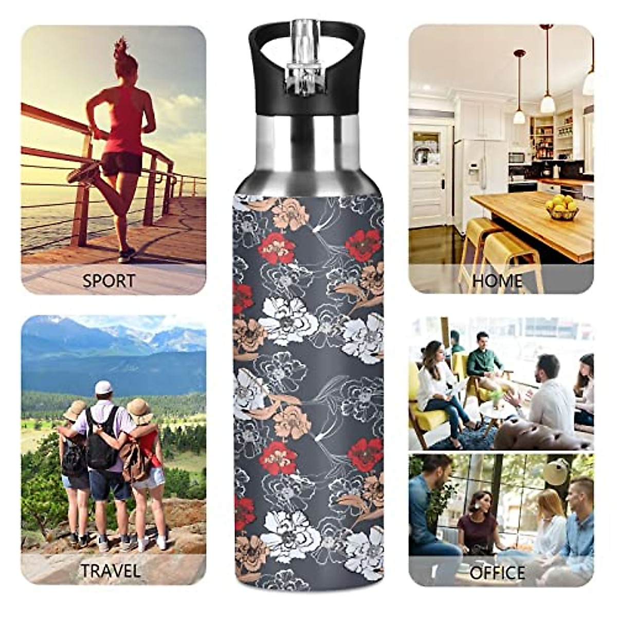 Kigai Floral Pattern Stainless Steel Sports Water Bottle BPA-Free Vacuum Insulated Leakproof Wide Mouth Flask with Straw Lid Keeps Liquids Cold or Hot for Gym Travel Camping