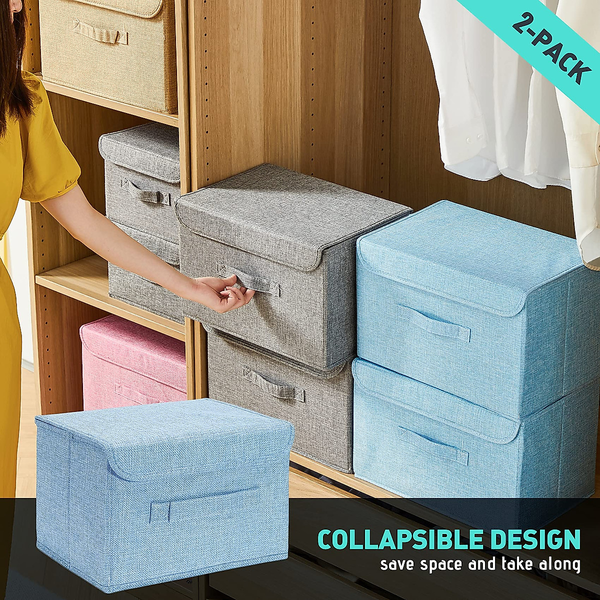 FUDDE foldable fabric storage box[2-Pack] dust-proof storage boxes with flip lid, can store clothes, shelves, books and toys, used in family bedroom closet storage boxes. (L, Blue)