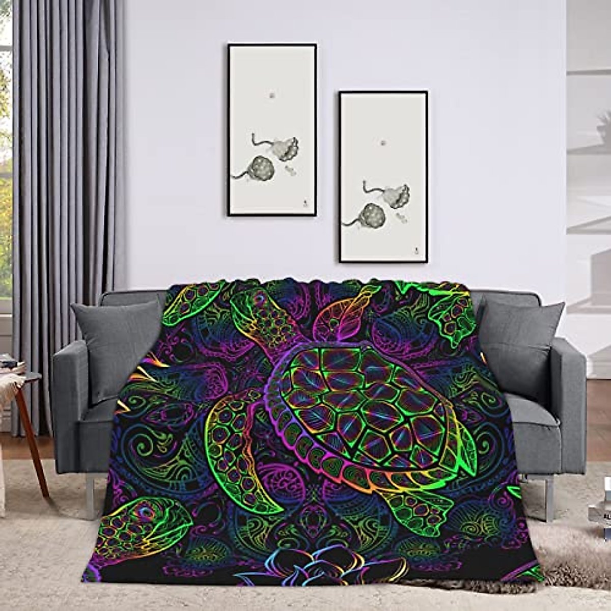 Psychedelic Sea Turtle Fleece Throw Blanket Plush Soft Throw for Couch Bed Sofa, 90 in X 66 in
