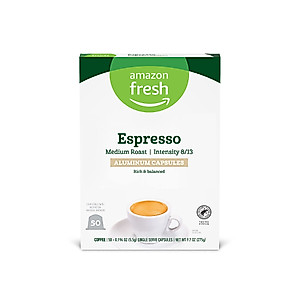 Amazon Fresh Espresso Medium Roast Aluminum Capsules, Compatible with Nespresso Original Brewers, Intensity 8/13, 50 Count (5 Packs of 10)