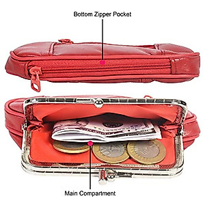 Women's Leather Metal Frame Double Clasp Zipper Coin Purse 5 1/4" x 3 1/4" (Red)